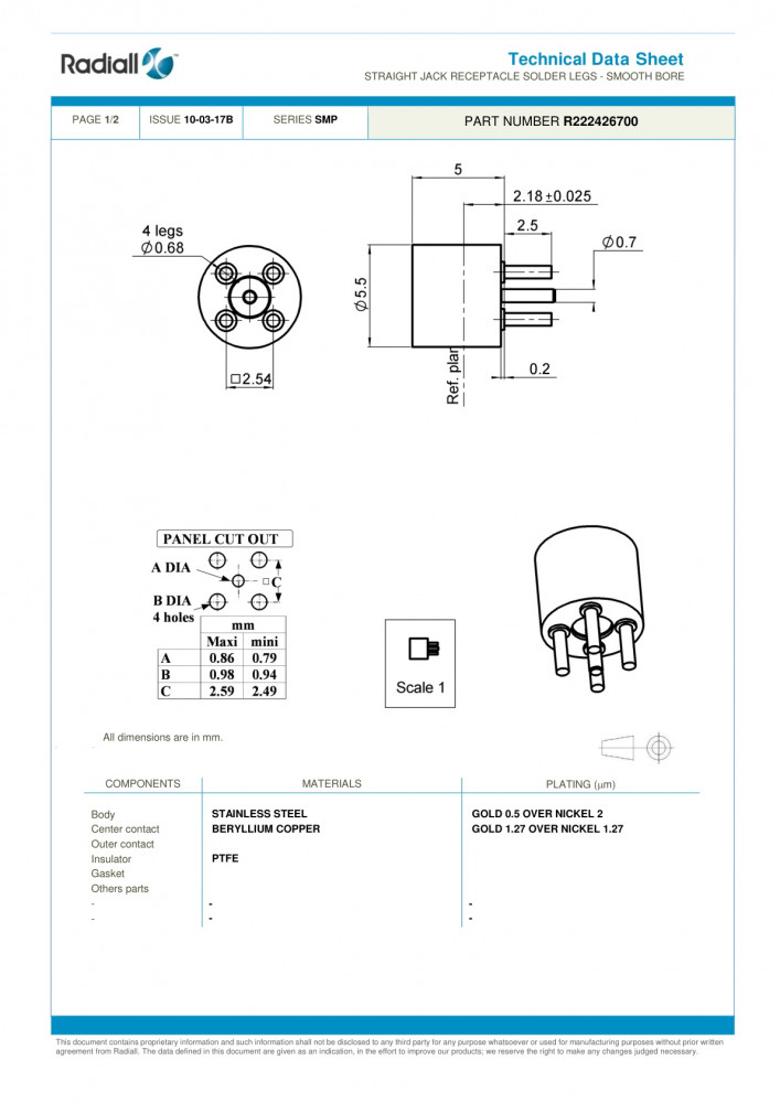 Radiall R222426700 SMP series technical drawing, page 1
