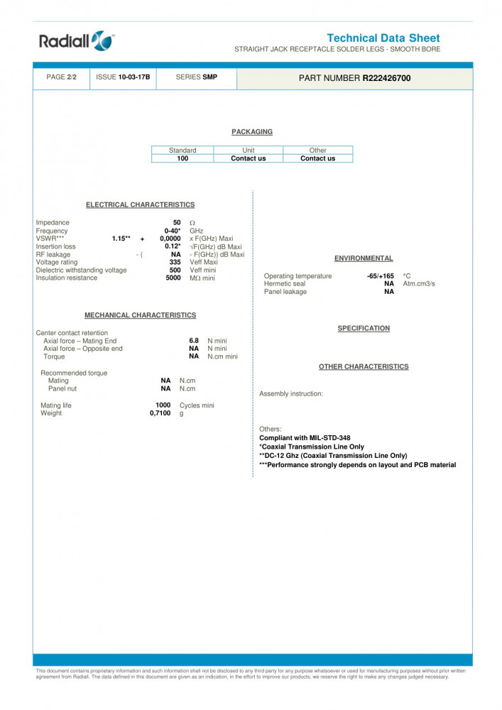 Radiall R222426700 SMP series technical data, page 2