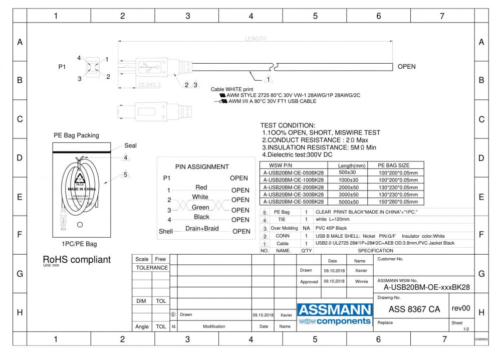 A-USB20BM-OE-050BK28 technical drawing sheet 1