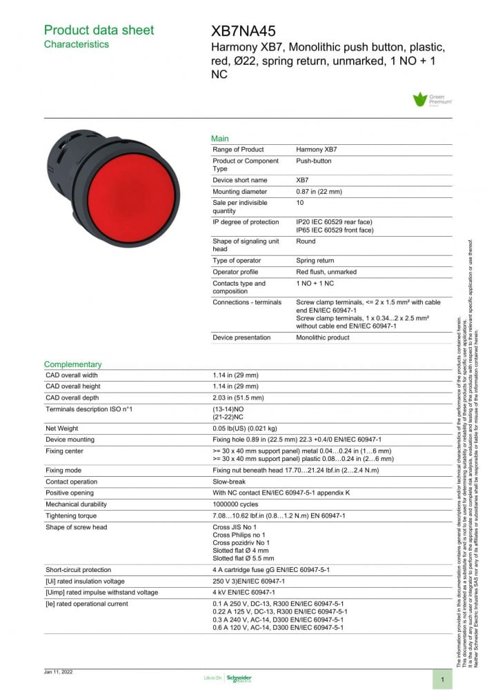 XB7NA45 technical document page 1