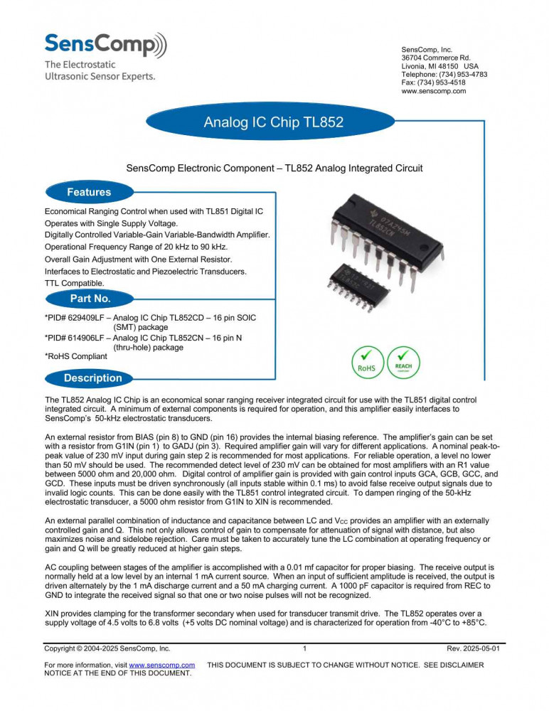 SensComp TL852 datasheet page 1