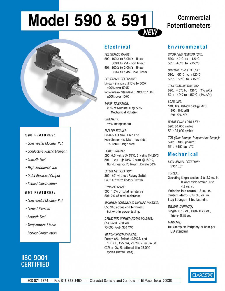 Honeywell 590 and 591 potentiometer technical document page 1