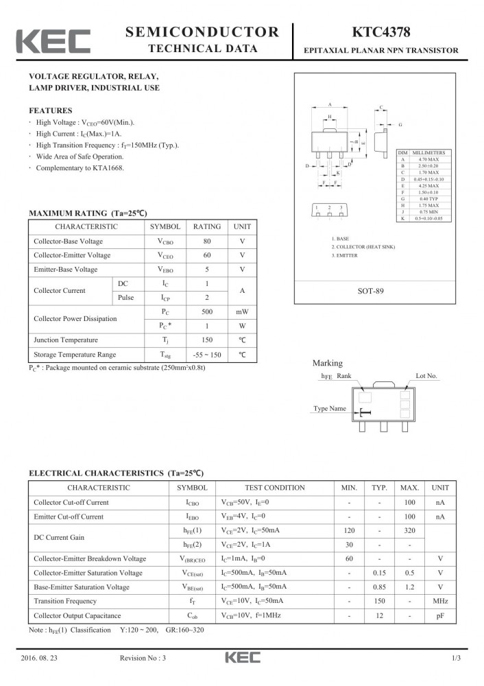 KTC4378-Y-RTF/P datasheet page 1