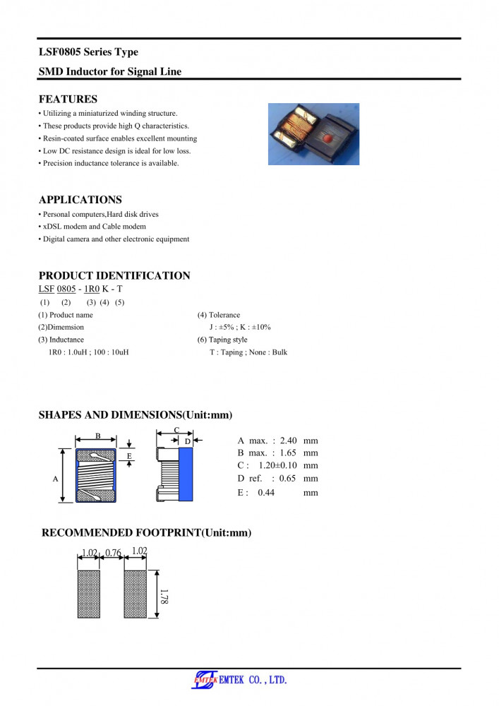 EMTEK LSF0805 series documentation page 1