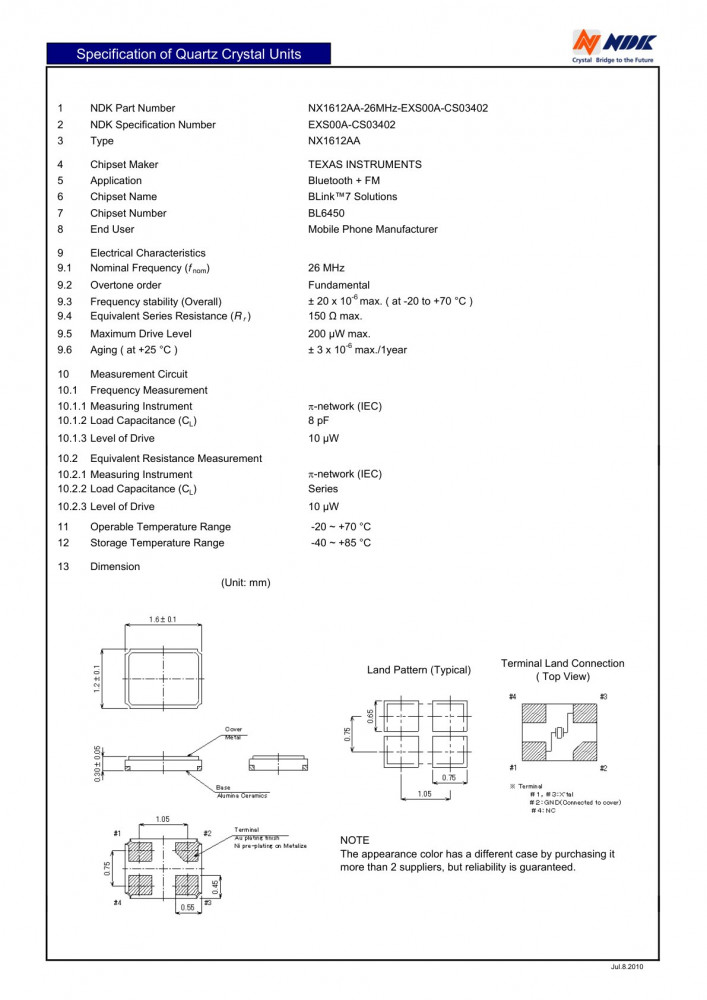 NDK NX1612AA specification document page