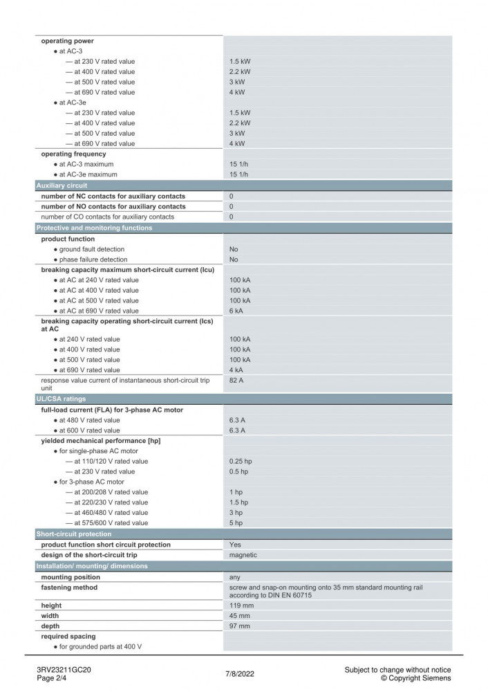 3RV23211GC20 technical document page 2