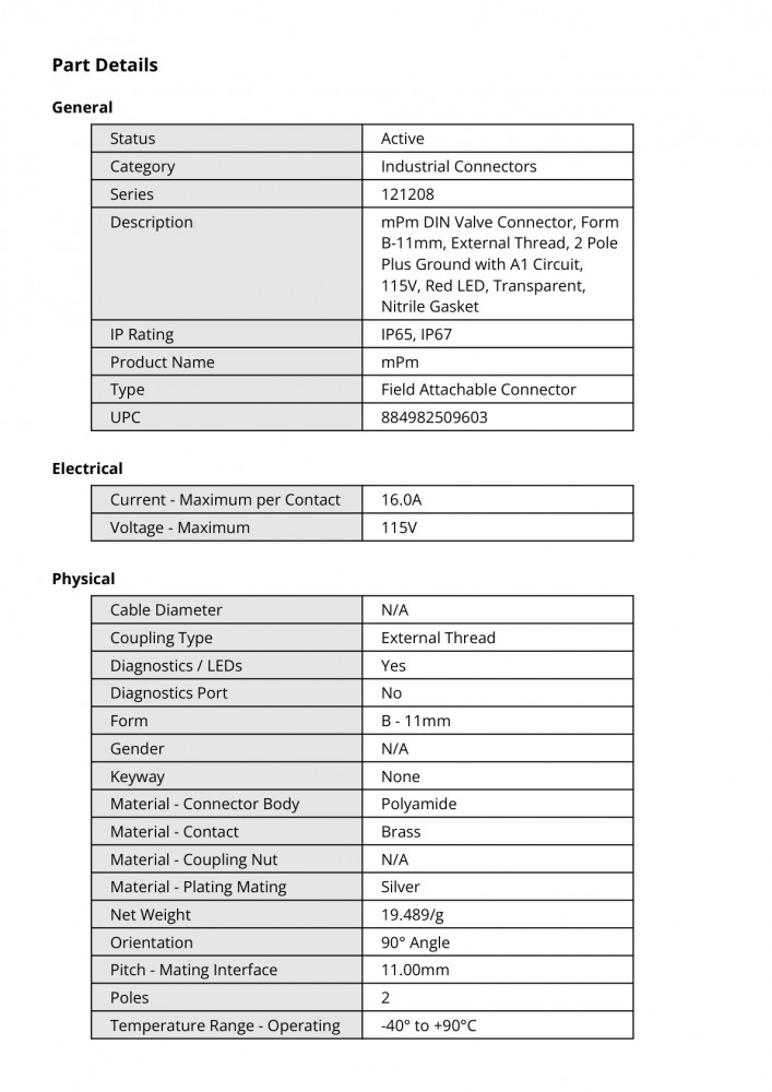 Molex DIN valve connector specification, document preview page 2