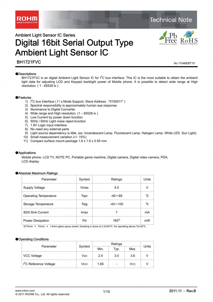 BH1721FVC-TR technical document page 1