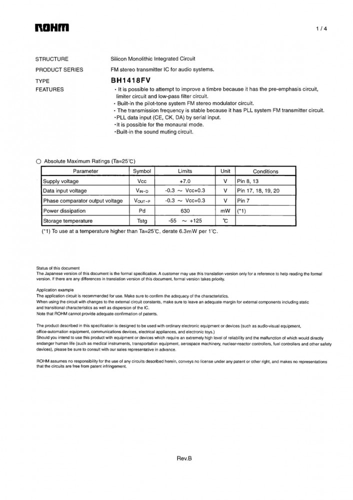 BH1418FV-E2 datasheet page 1