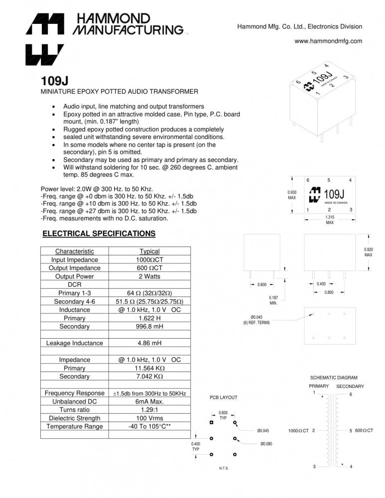 Hammond 109J technical document page 1
