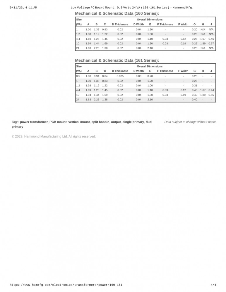 Hammond 160 series product documentation page 4