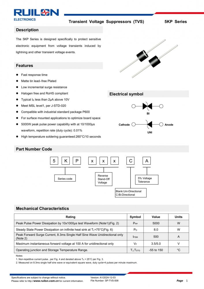 5KP series datasheet page 1