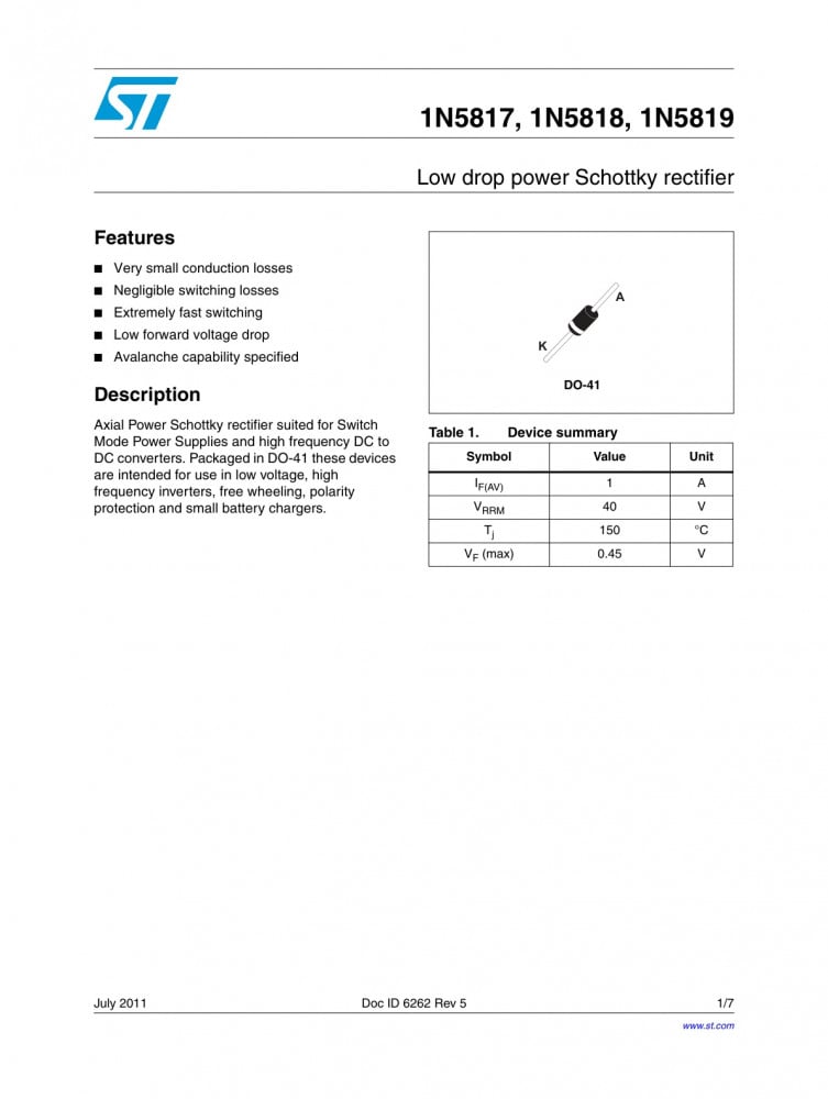 ST 1N5819 datasheet page 1