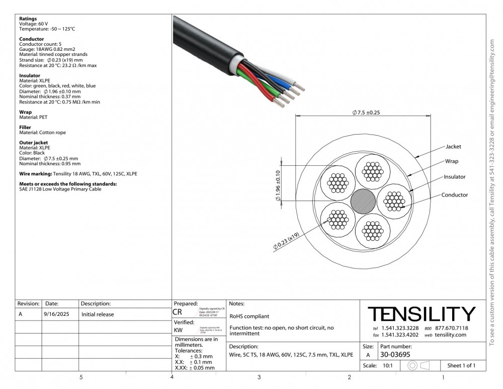 30-03695 five-conductor 18 AWG TXL cable product drawing