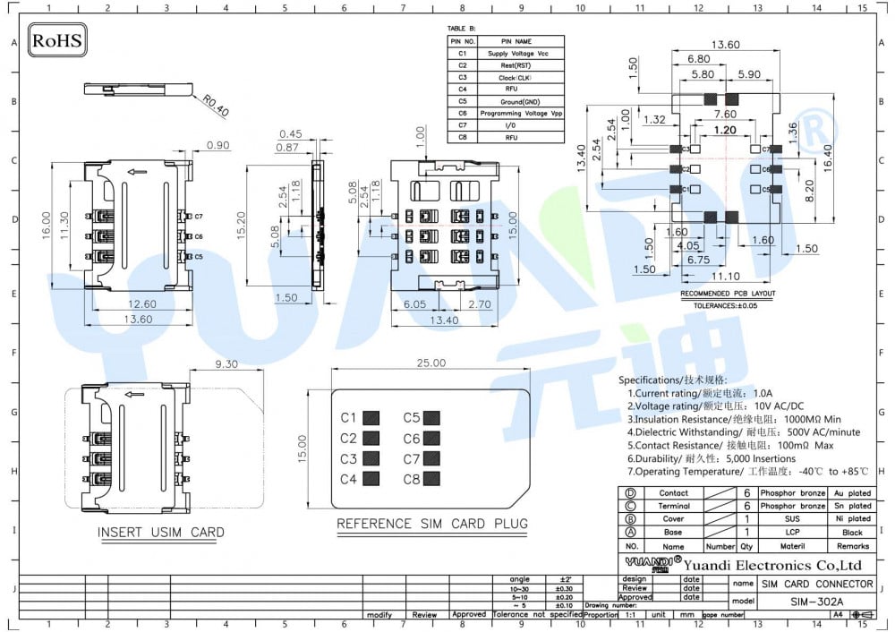 YUANDI SIM-302A technical document page