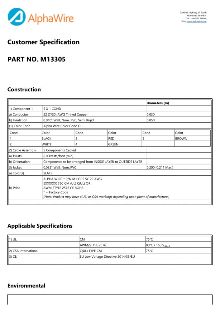 Alpha Wire M13305 specification page 1