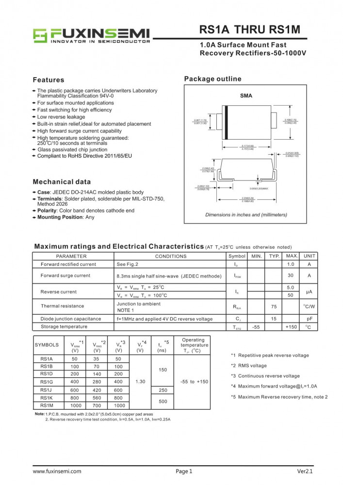 RS1M datasheet page 1