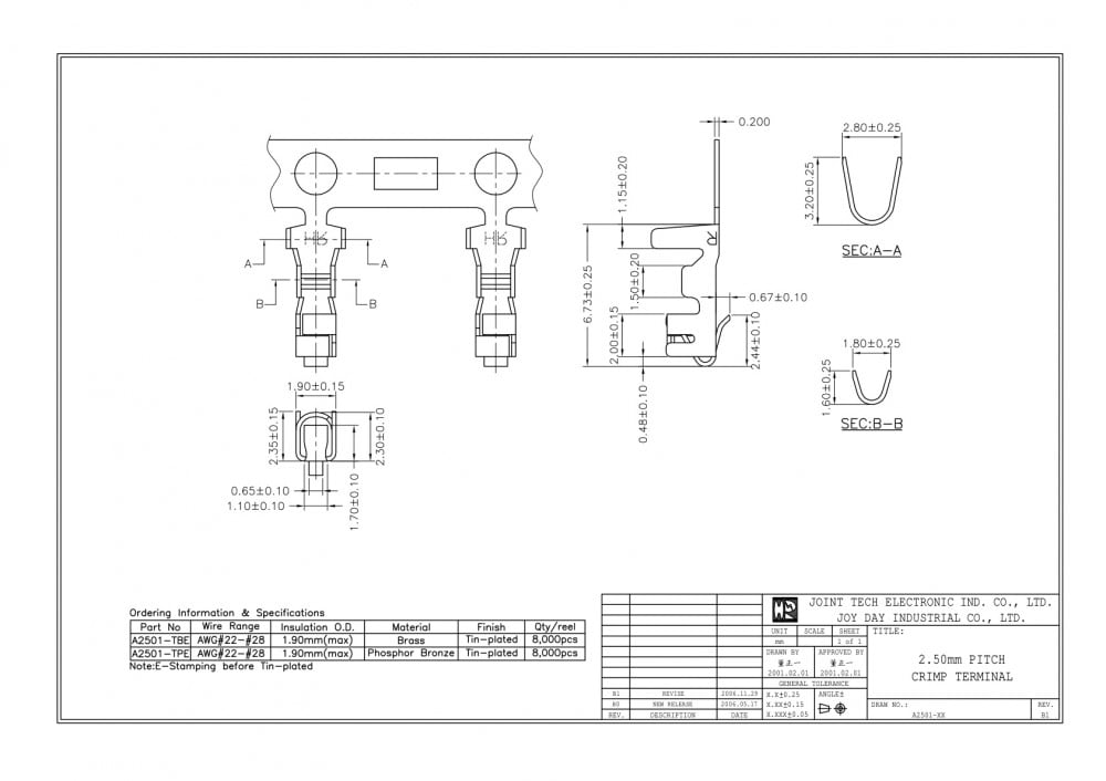 Joint Tech Elec A2501-TBE technical drawing