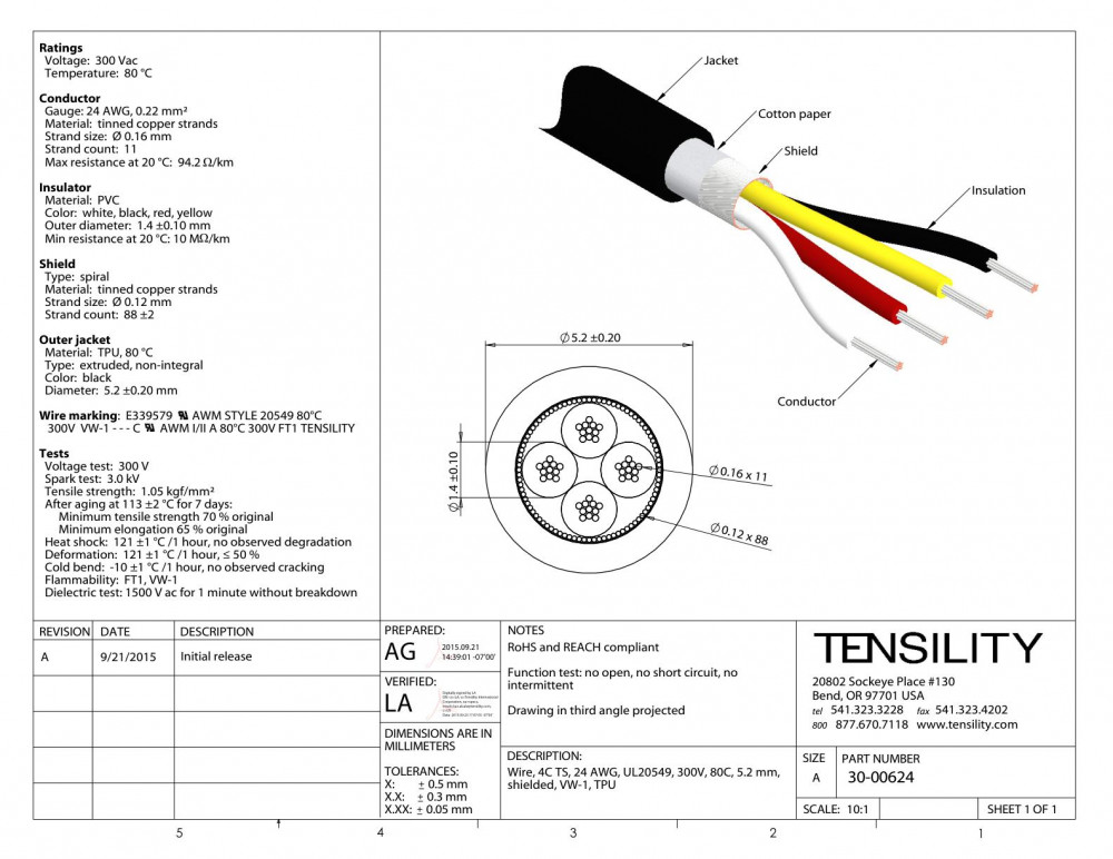 Tensility International 30-00624 cable drawing and specification page