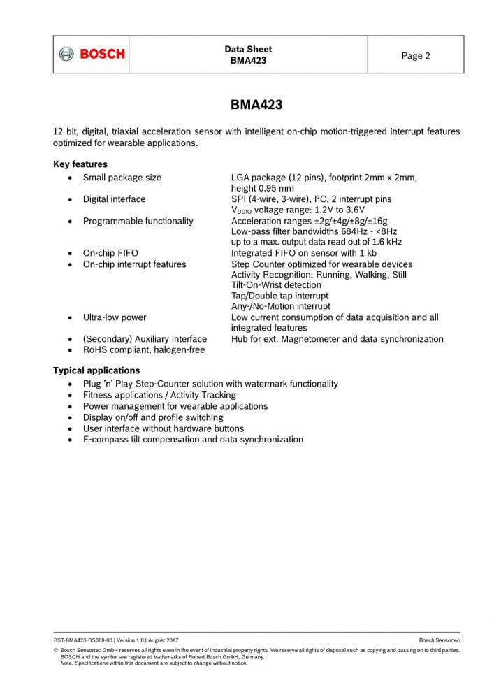 BMA423 datasheet page 2