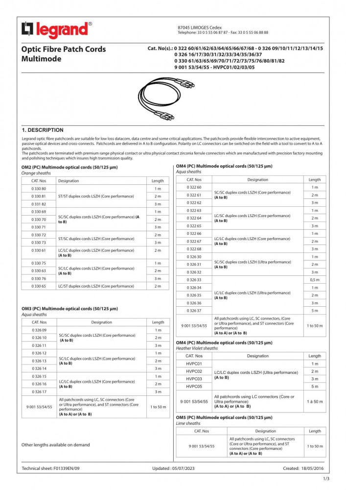 Legrand multimode fibre patch cords document, page 1