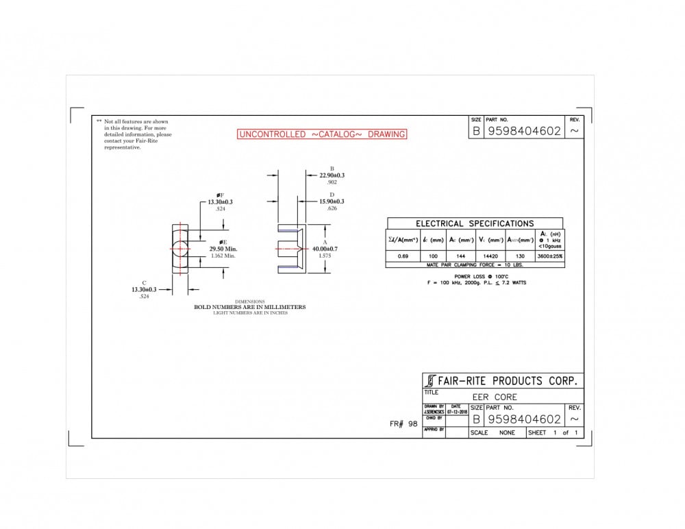 Fair-Rite 9598404602 EER core drawing