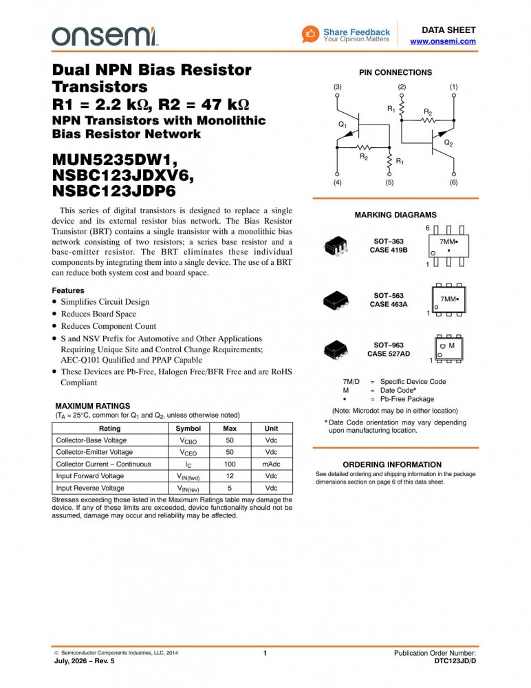 MUN5235DW1T1G datasheet page 1