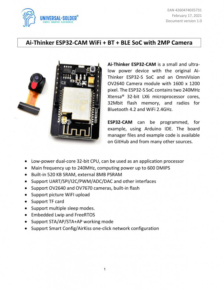 Ai-Thinker ESP32-CAM technical document page 1