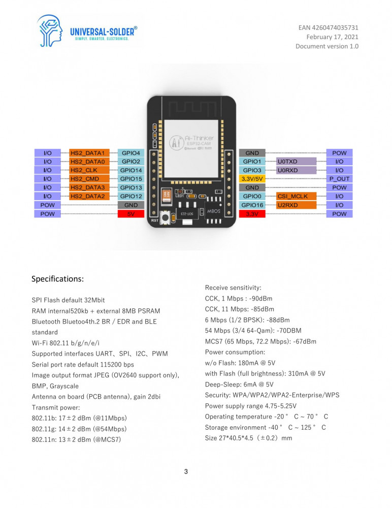 Ai-Thinker ESP32-CAM technical document page 3