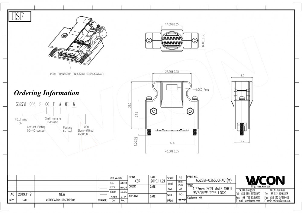 WCON 6327M-036S00PA01(W) technical drawing, sheet 1 of 3