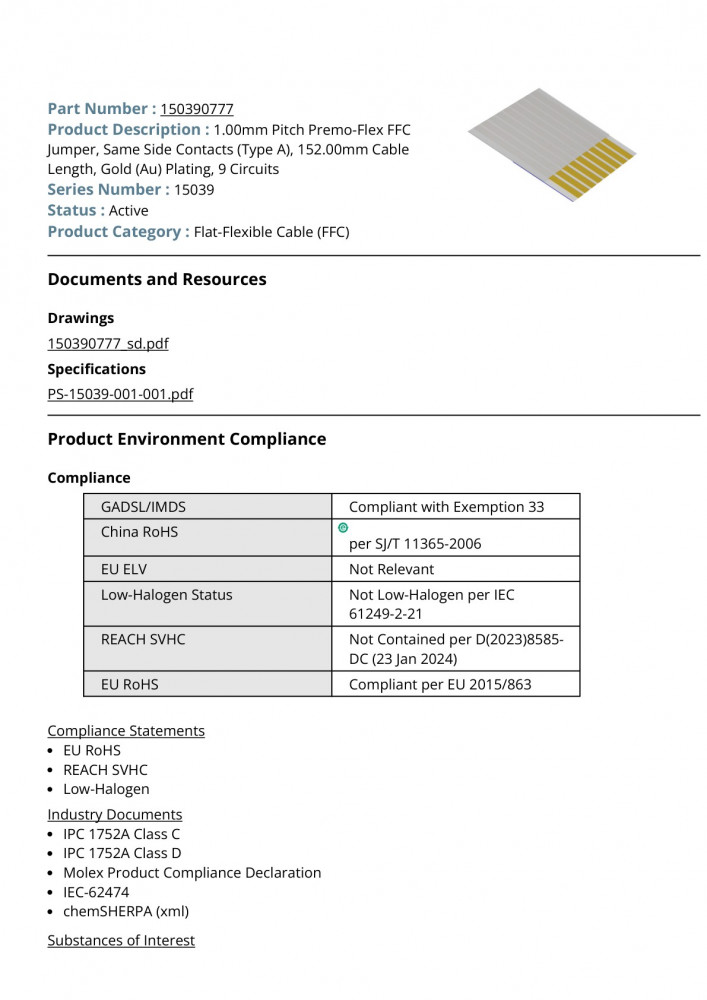 Molex FFC family specification page 1