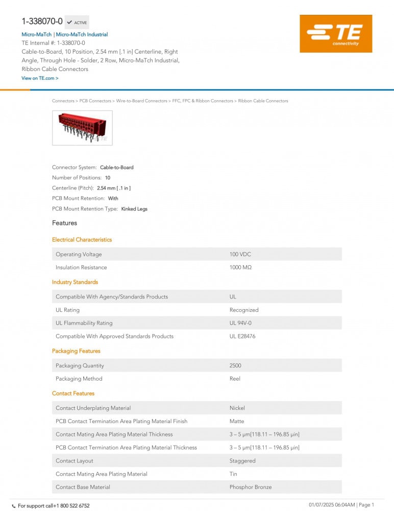 TE Connectivity 1-338070-0 technical document page 1