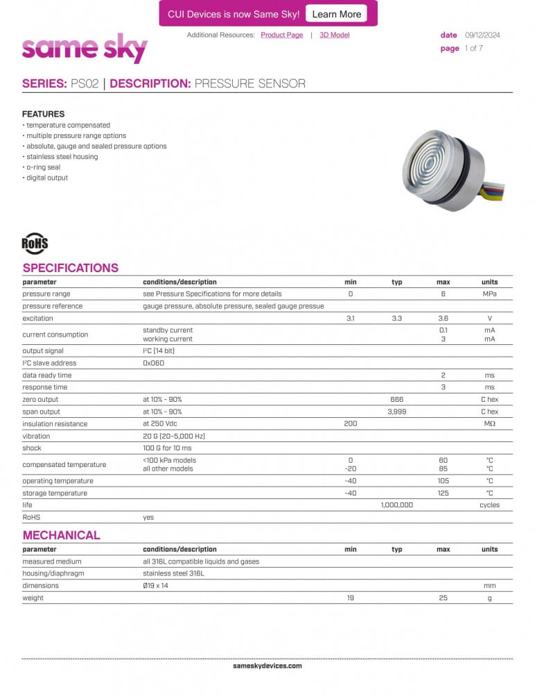 PS02 pressure sensor datasheet page 1