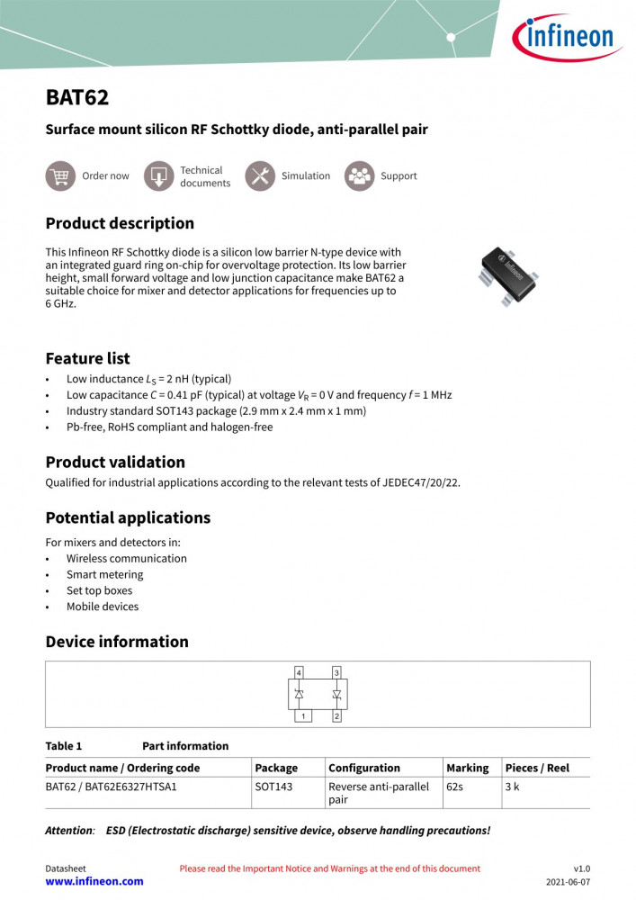 BAT62E6327 datasheet page 1