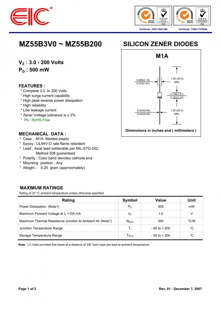 EIC MZ55B150 datasheet page 1