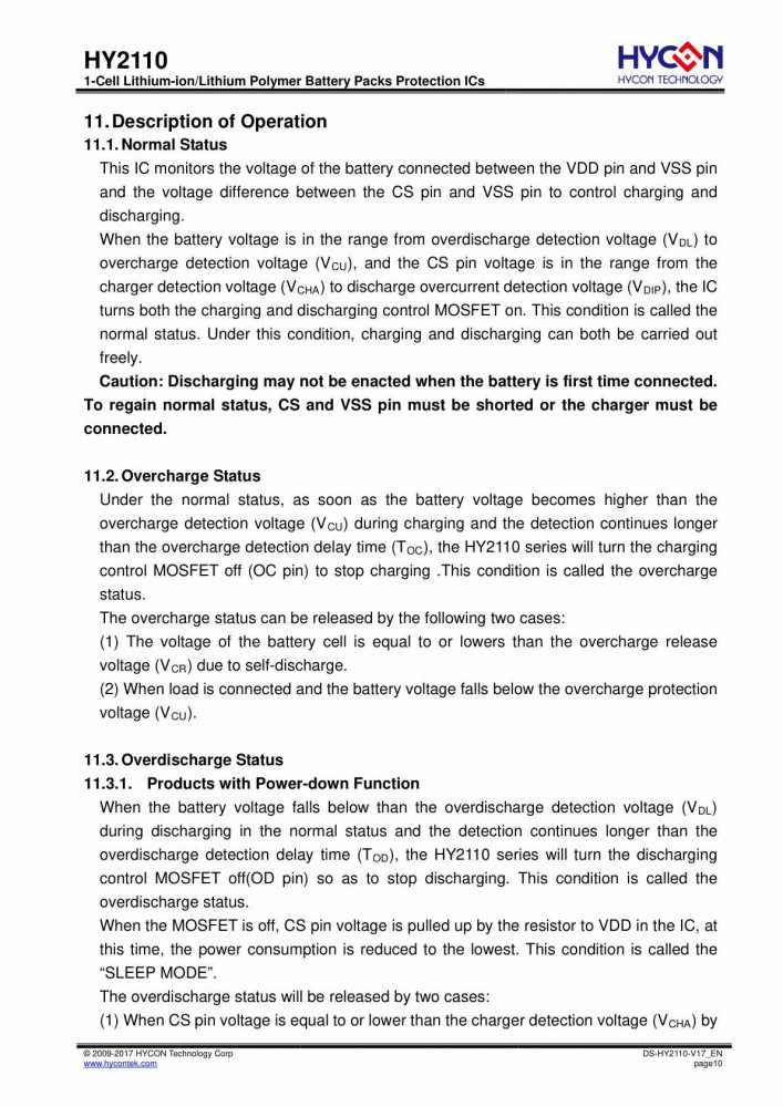 HYCON battery protection datasheet page 10