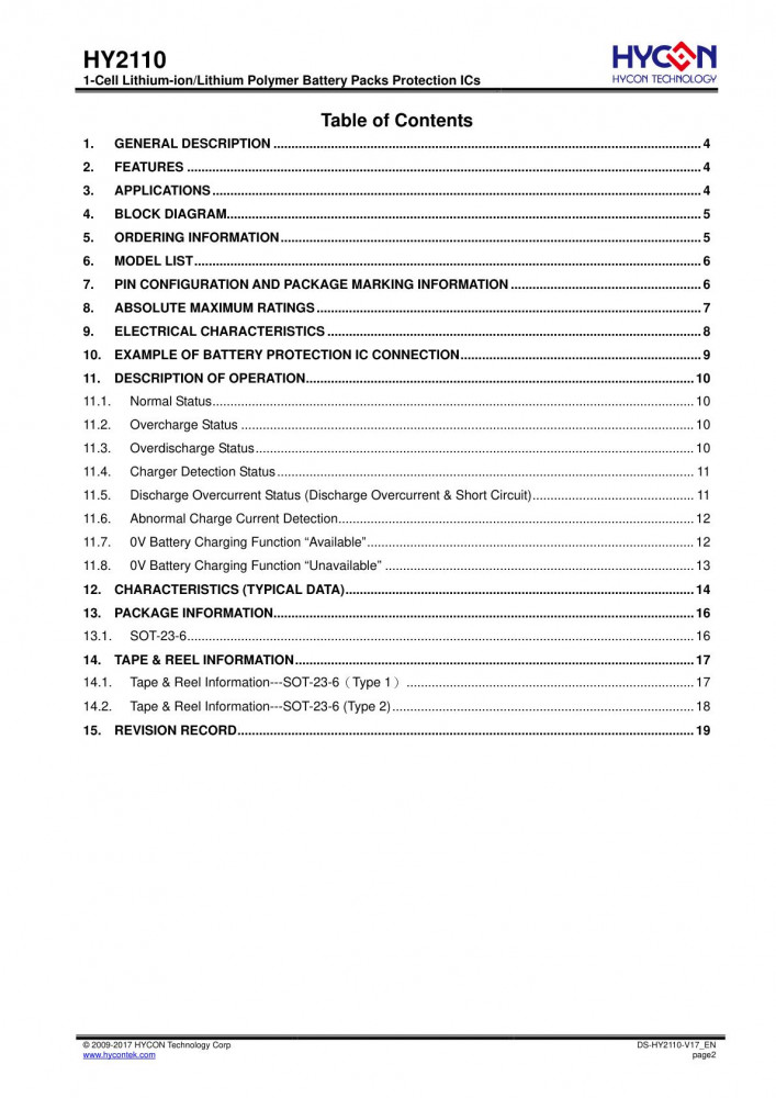 HYCON battery protection datasheet page 2