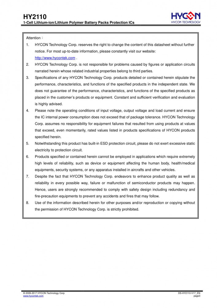 HYCON battery protection datasheet page 3