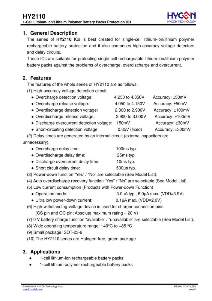 HYCON battery protection datasheet page 4