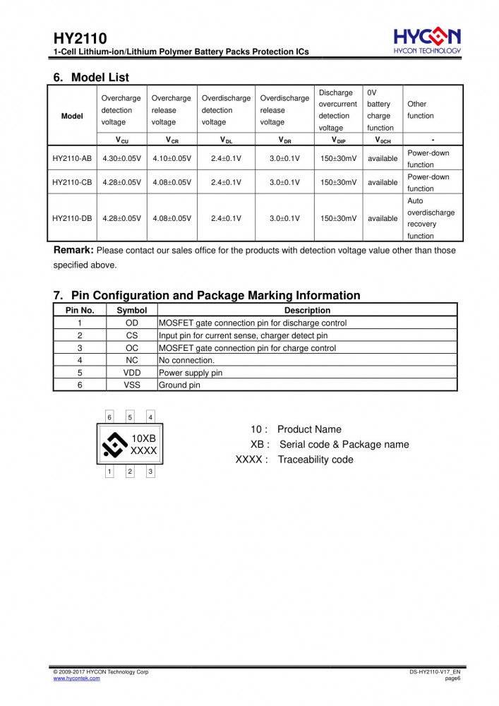 HYCON battery protection datasheet page 6