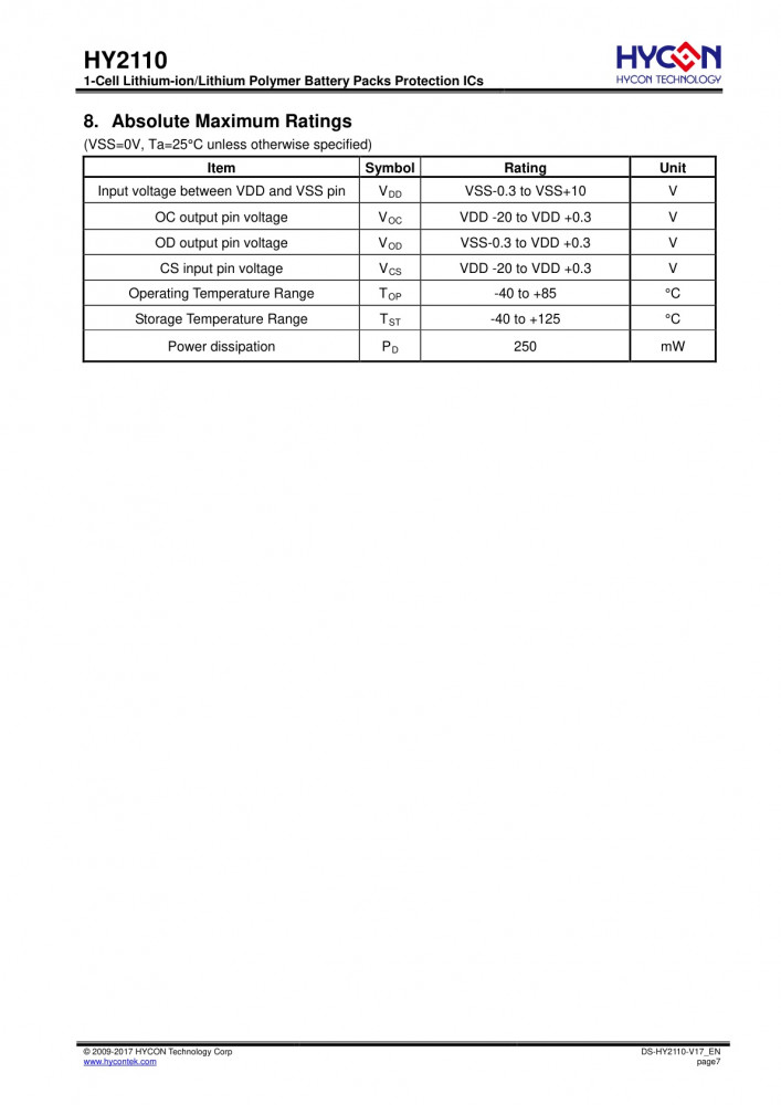HYCON battery protection datasheet page 7