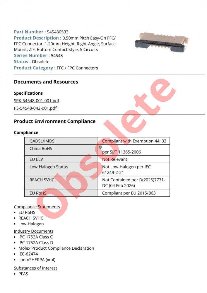 MOLEX 545480533 technical document preview, page 1