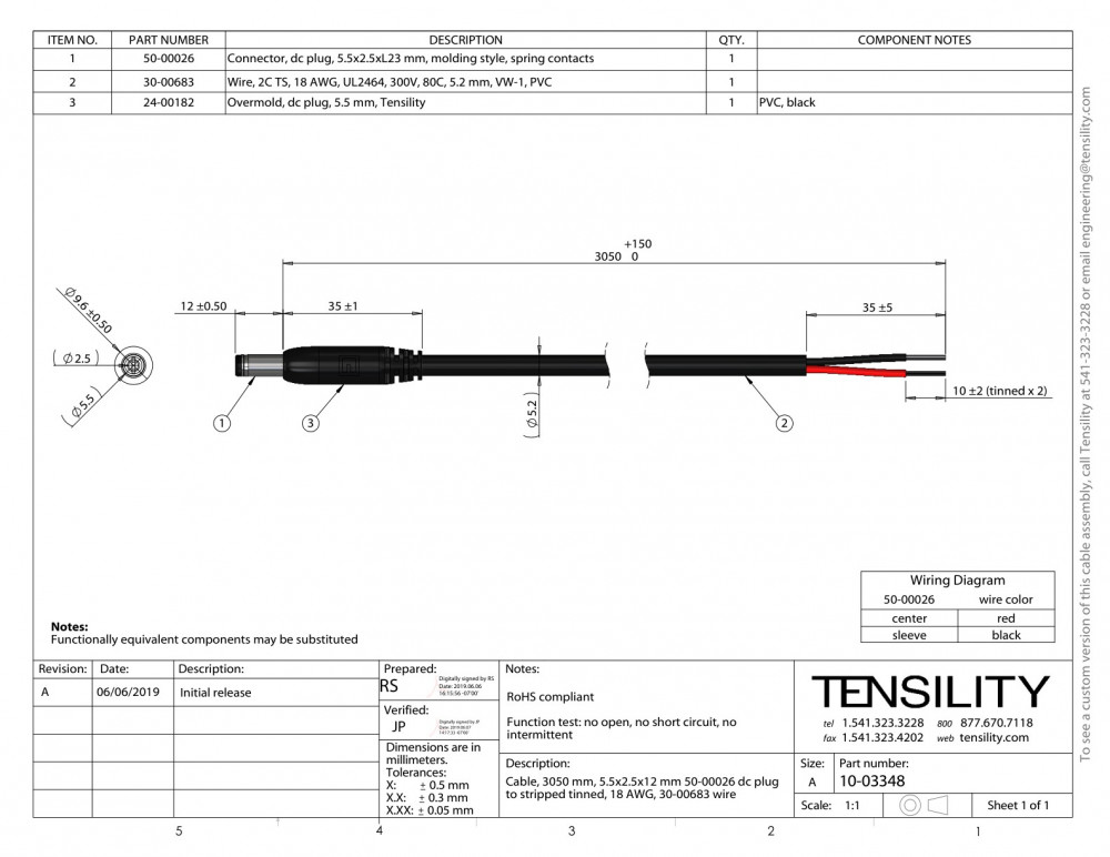 Tensility International 10-03348 DC power cable assembly drawing