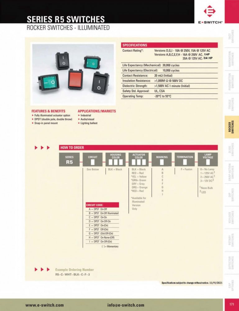 E-Switch R5 series technical specification page