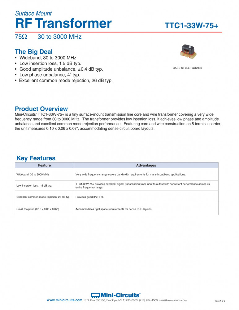 TTC1-33W-75+ product overview and electrical specifications