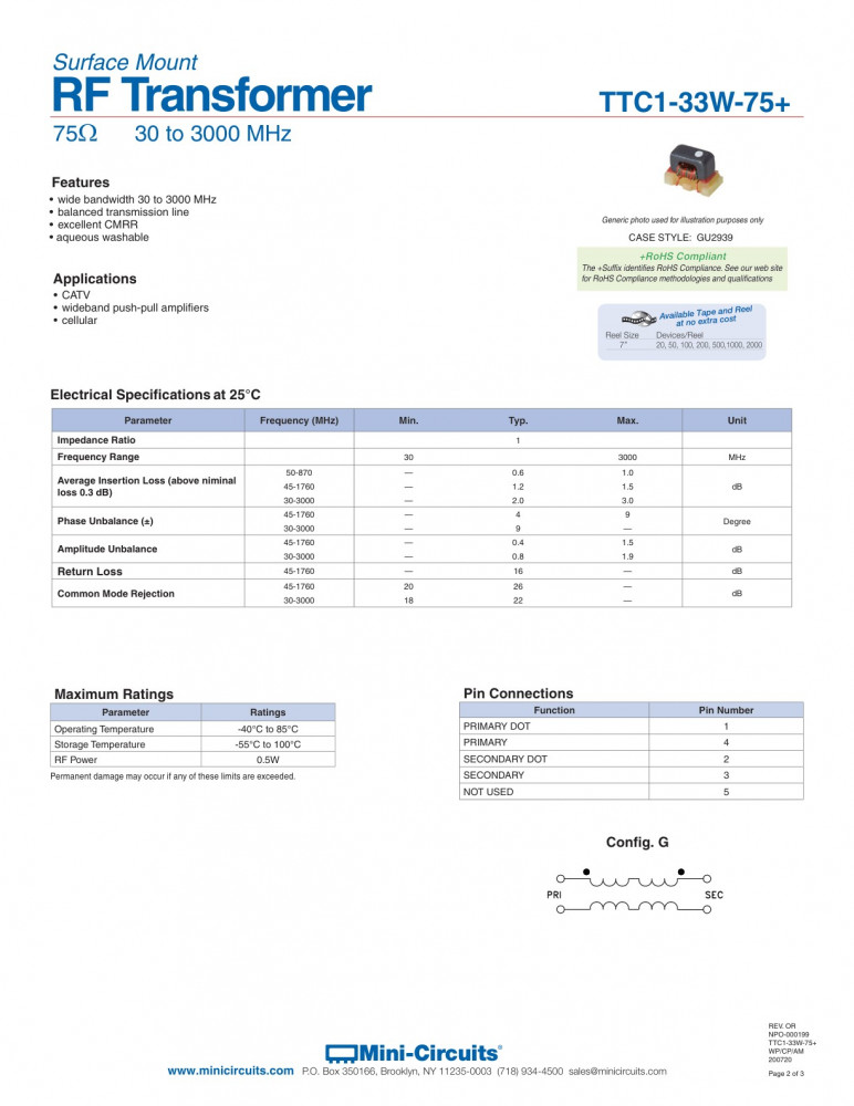 TTC1-33W-75+ pin configuration and layout information
