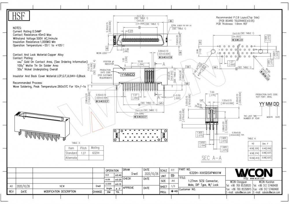 WCON 6320H connector drawing, page 1