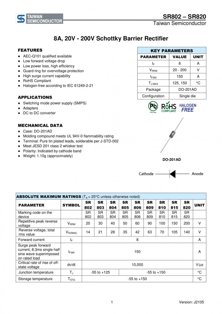 Taiwan Semiconductor SR810 datasheet page 1