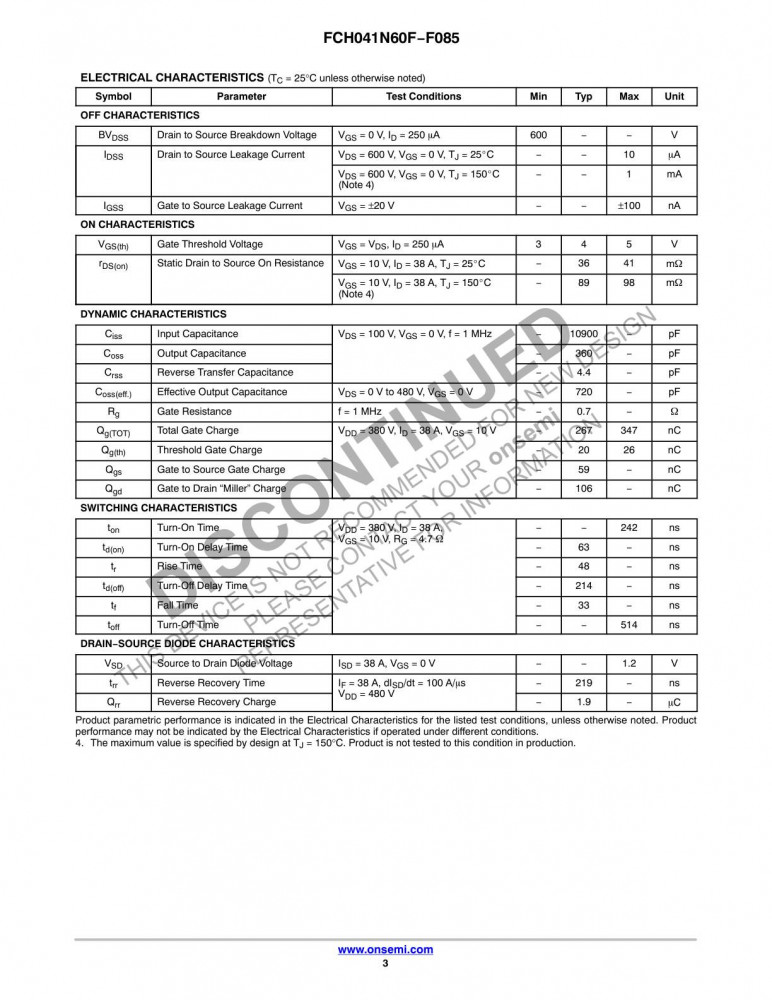 FCH041N60F-F085 datasheet preview, page 3