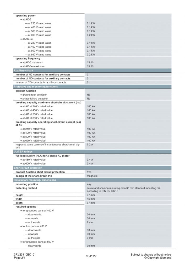3RV23110EC10 technical document page 2